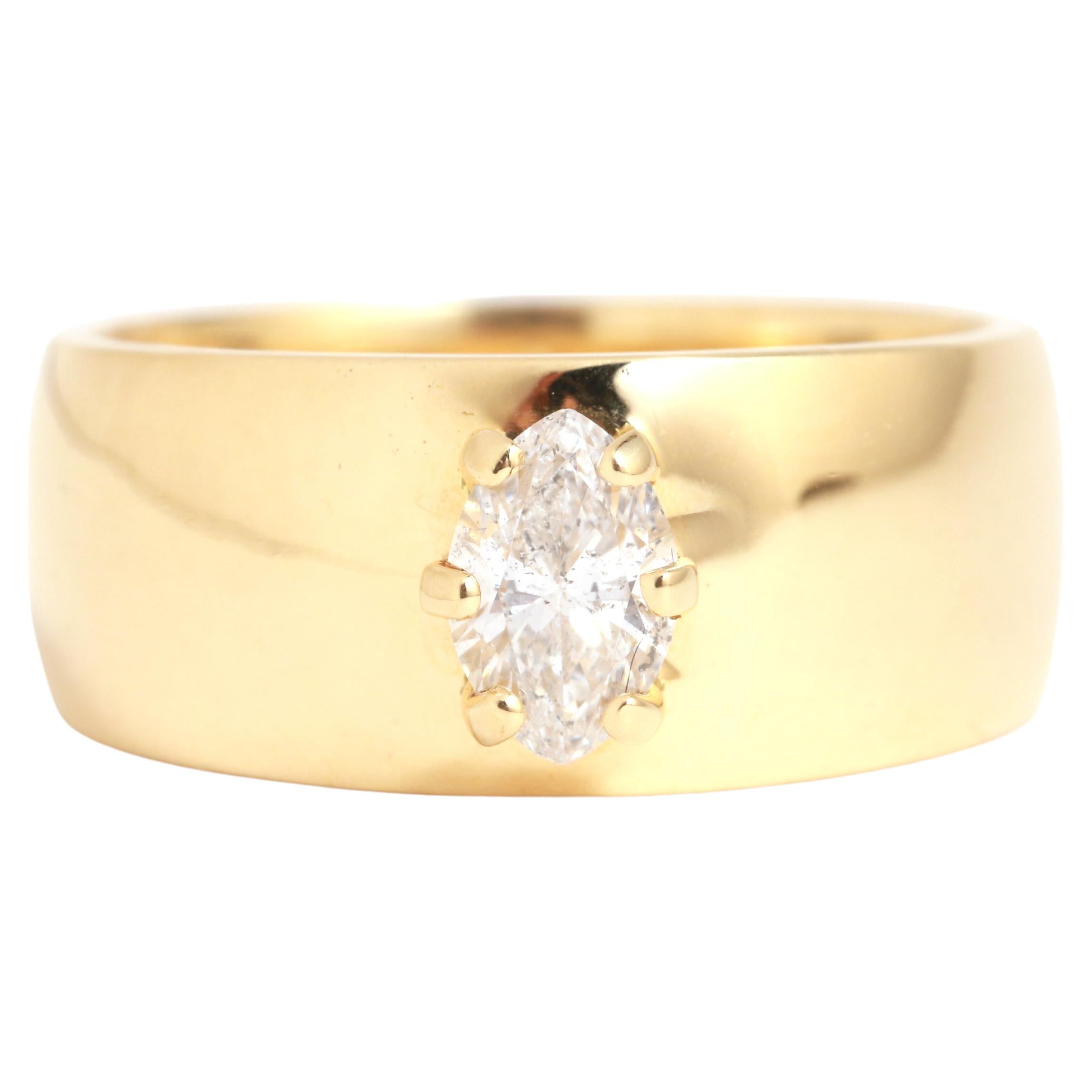 18k Yellow Gold 0.5 Carat White Marquise Diamond Cigar Band Ring For ...