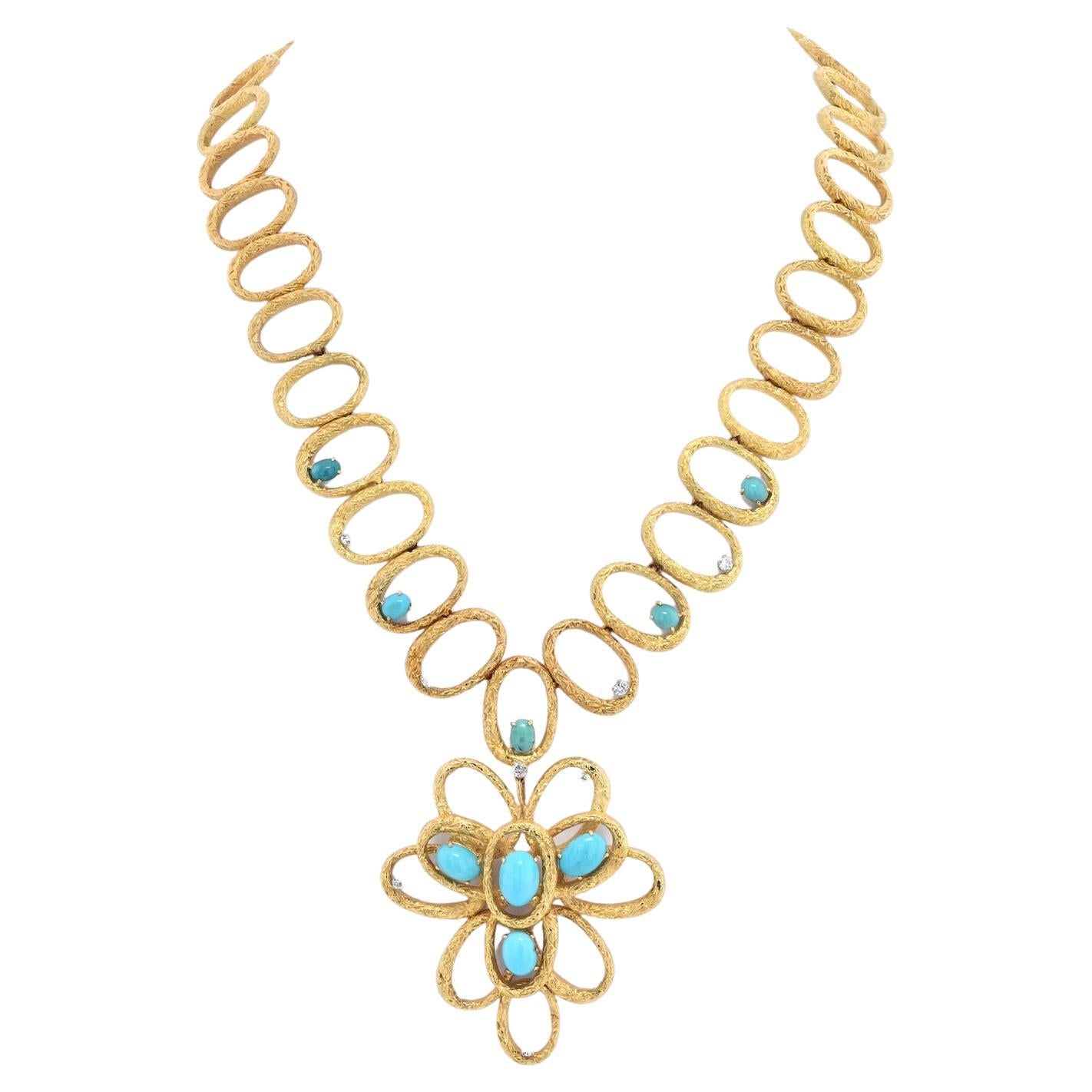 Vintage 18K Yellow Gold Turquoise Pendant and Long Chain For Sale at ...