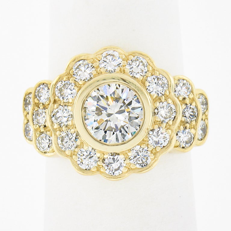 18k Yellow Gold 2.12ctw GIA Round Bezel Set Diamond w/ Halo Flower ...