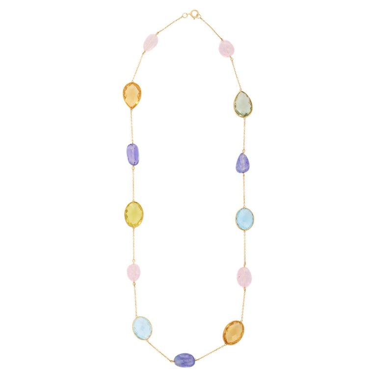 18K Yellow Gold 59.1 Ct Semi Precious Multi Gemstone Chain Necklace For ...