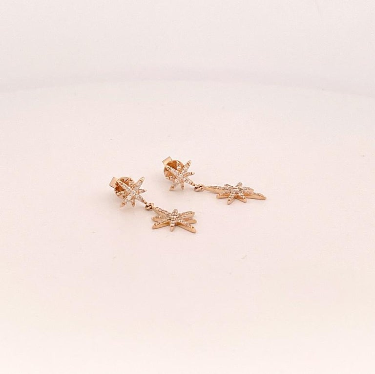 18k Yellow Gold 8 Point Star Drop Earrings For Sale at 1stDibs