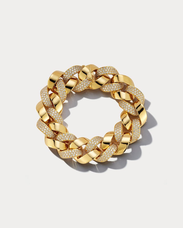 18k Yellow Gold and Diamond Cuban Chain Bracelet For Sale at 1stDibs