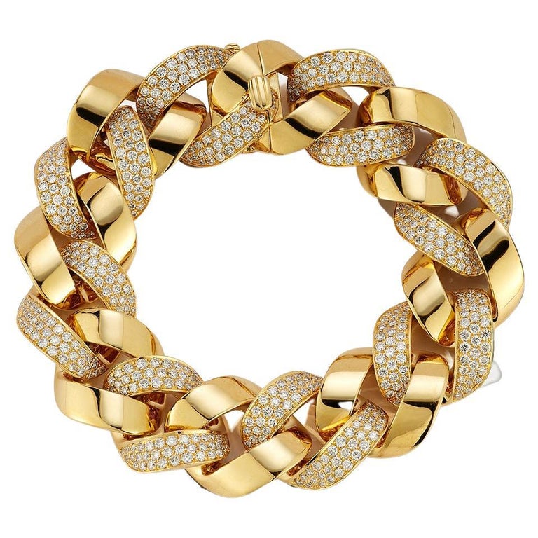18k Yellow Gold and Diamond Cuban Chain Bracelet For Sale at 1stDibs
