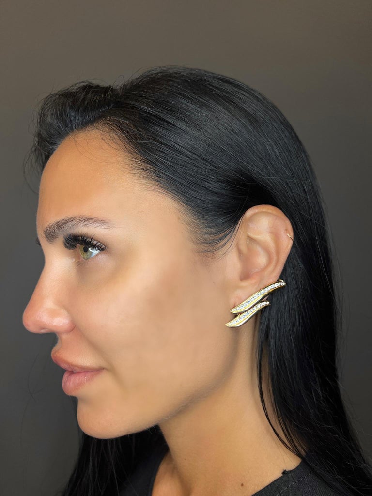 18k Yellow Gold and Diamond Wave Cross Earrings For Sale at 1stDibs