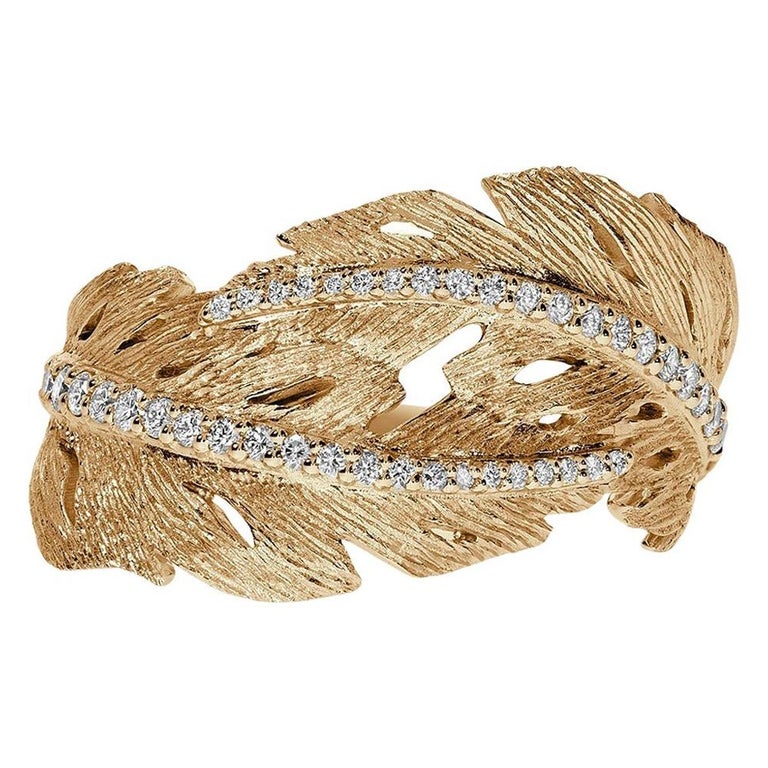 Customizable 18K Yellow Gold and Diamonds Textured Leaf Ring For Sale ...