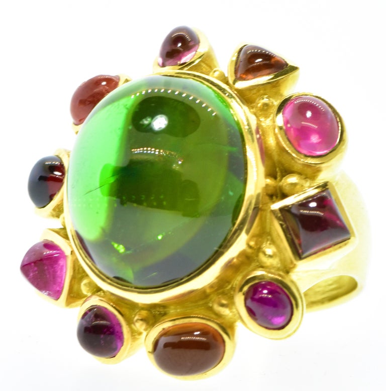 18K Yellow Gold and Fine Multi-Color Tourmaline Bold and Striking Ring ...