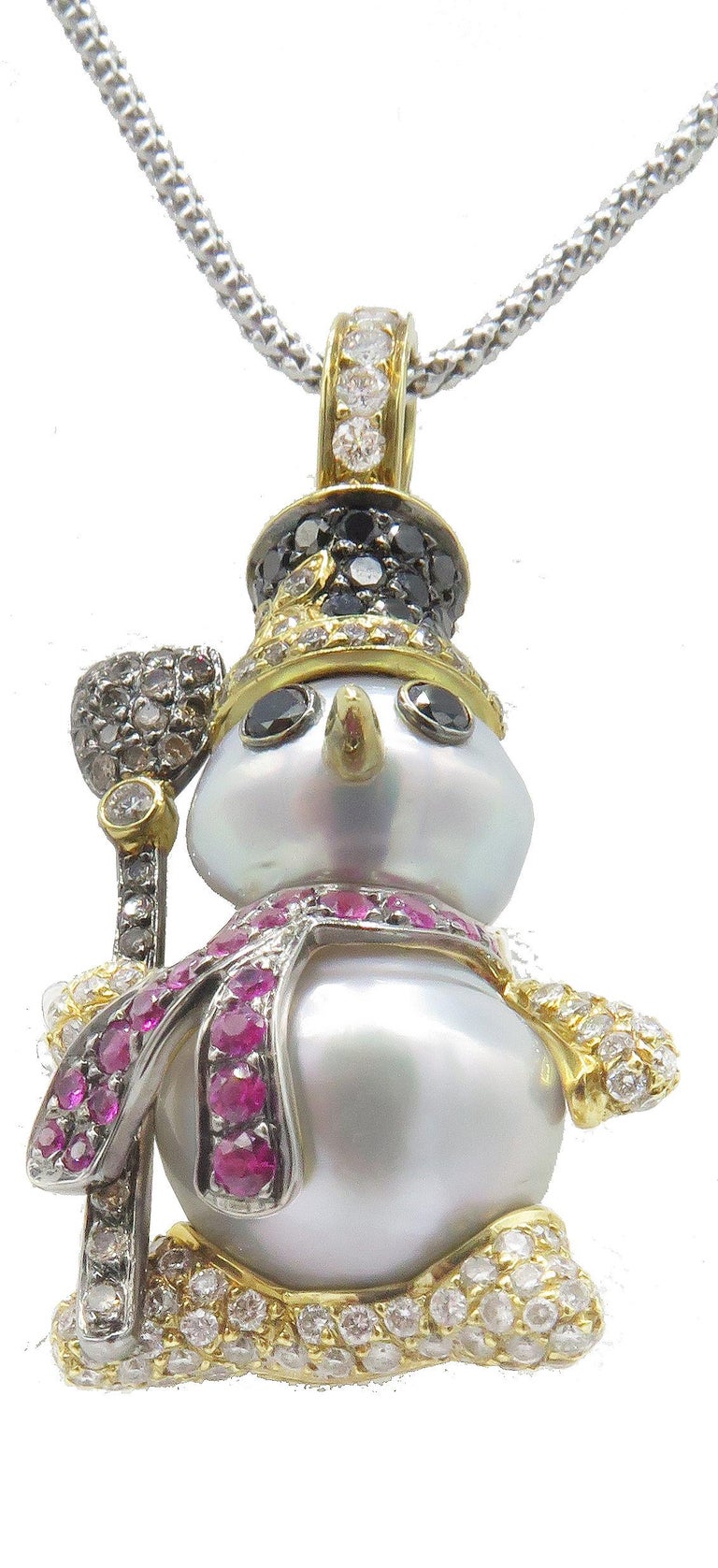 18 Karat Yellow Gold and Pearl Snowman with Diamonds at 1stDibs