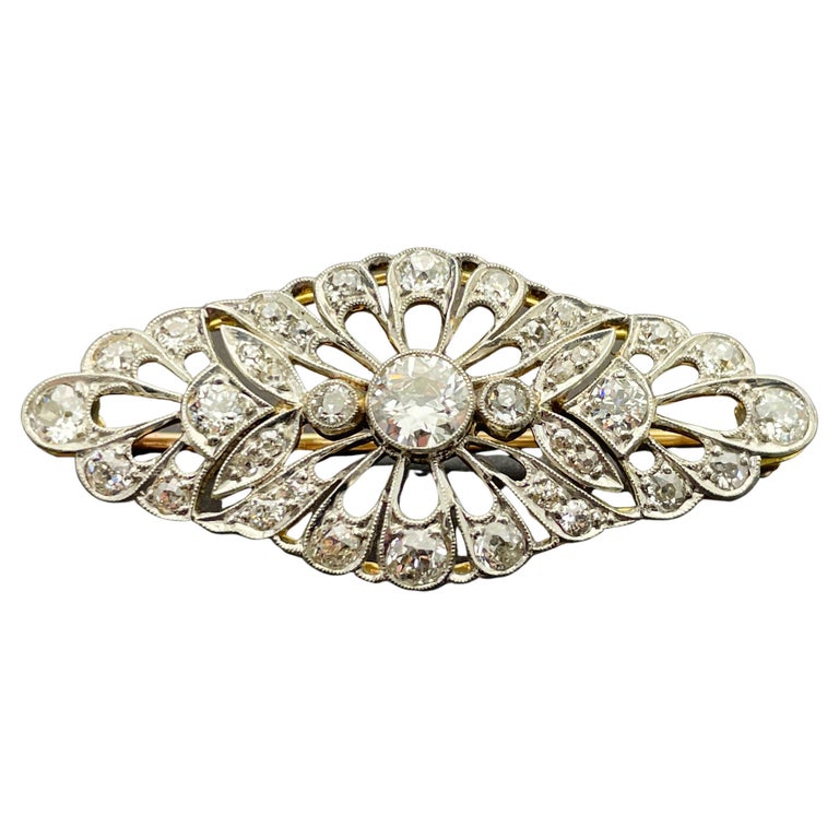 18k Yellow Gold and Platinum Edwardian Old European Diamond Brooch. at ...