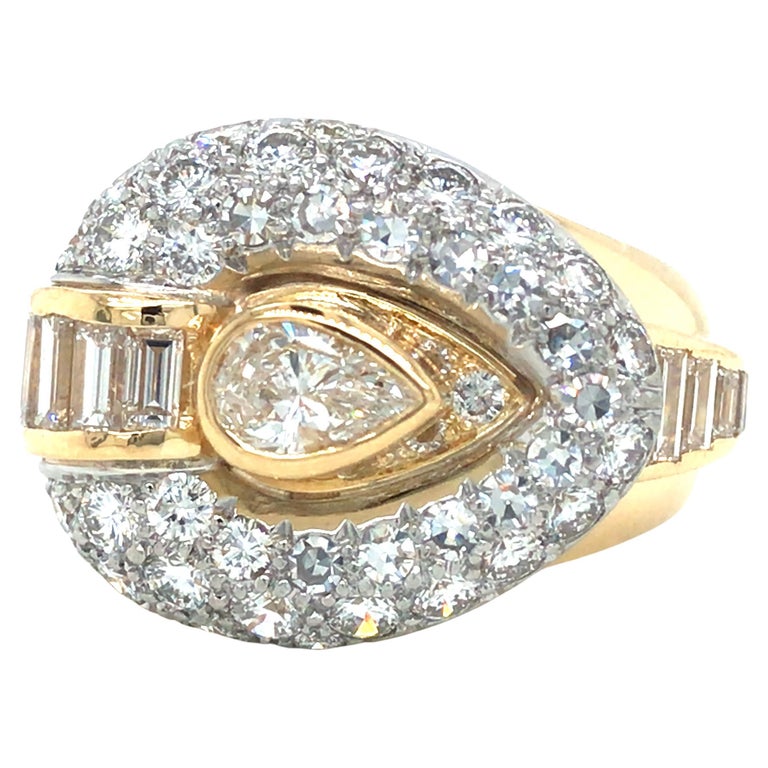 18K Yellow Gold and Platinum Pear Diamond Band Ring For Sale at 1stDibs