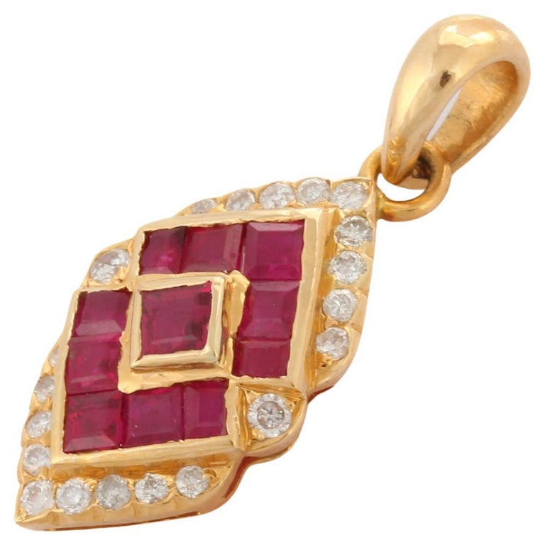 18K Yellow Gold Art Deco Ruby and Diamond Handmade Pendant for Her For ...