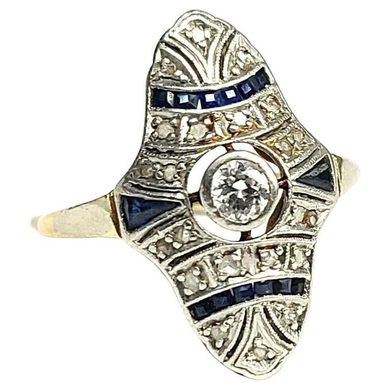 18K Yellow Gold Art Deco with Sapphire and Diamond Ring For Sale at 1stDibs