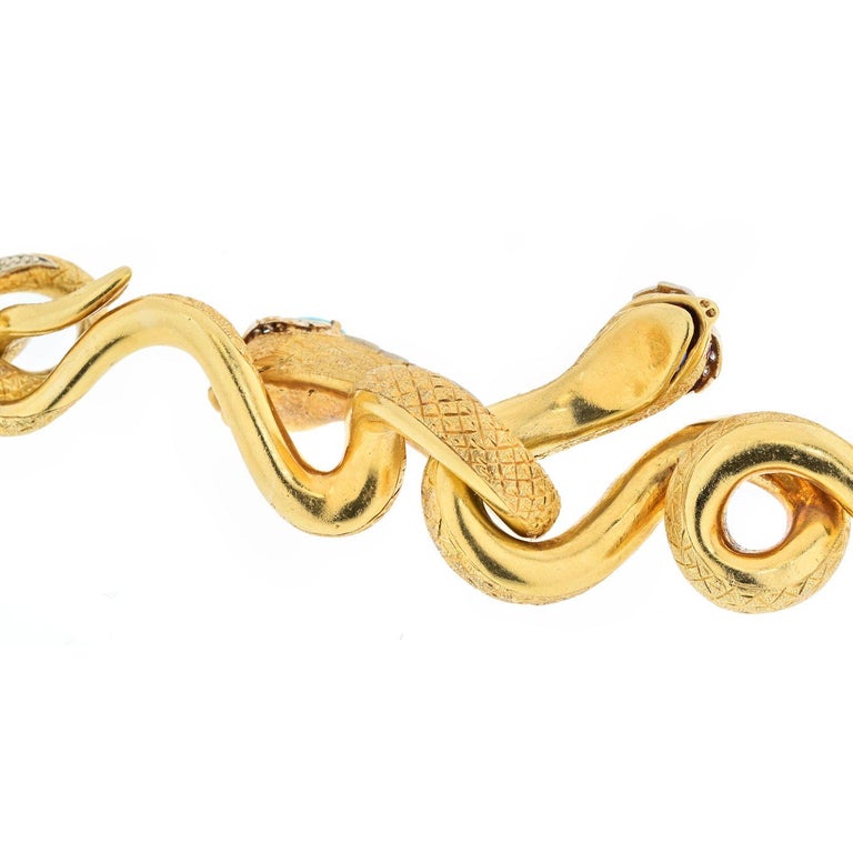 18K Yellow Gold Articulated Snakes with Turquoise, Lapis and Diamond ...