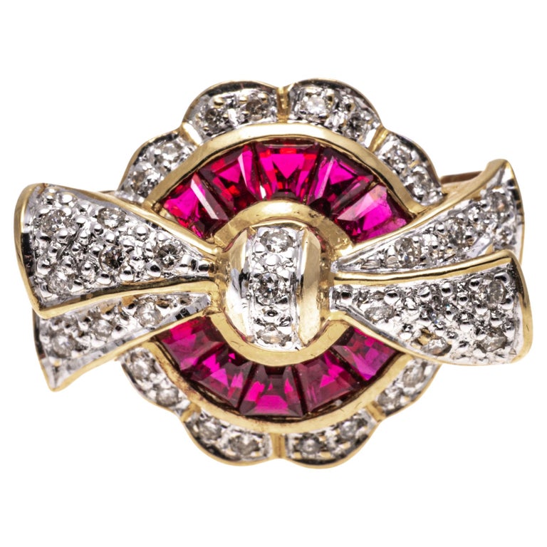 18k Yellow Gold Baguette Ruby and Pave Diamond Bow Ring For Sale at 1stDibs
