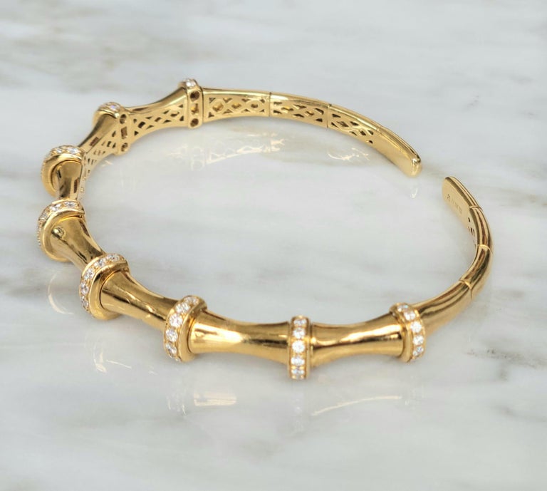 18K Yellow Gold Bamboo Bangle with Color Diamonds For Sale at 1stDibs