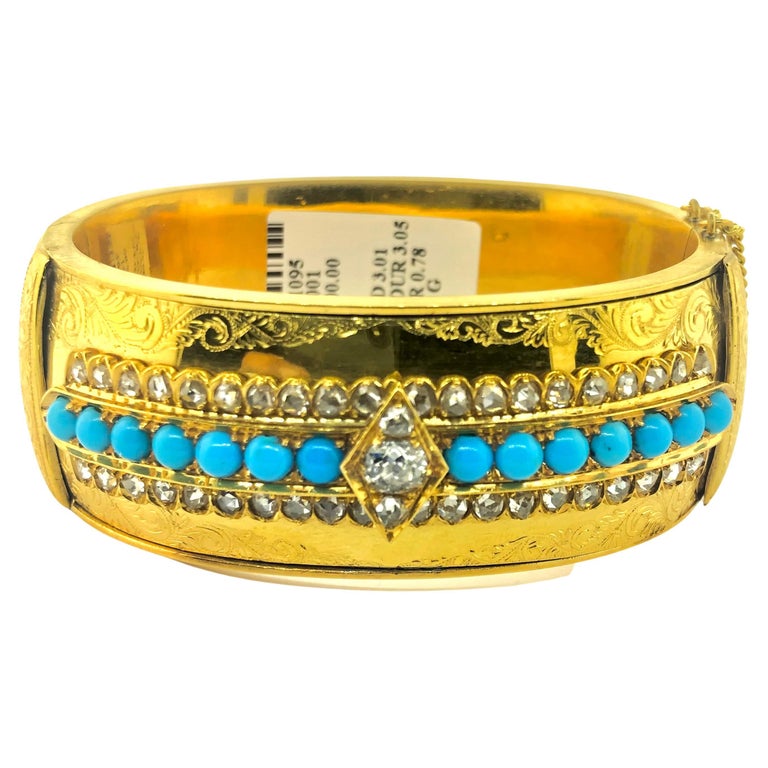 18k Yellow Gold Bangle with Turquoise and Round Diamonds For Sale at ...