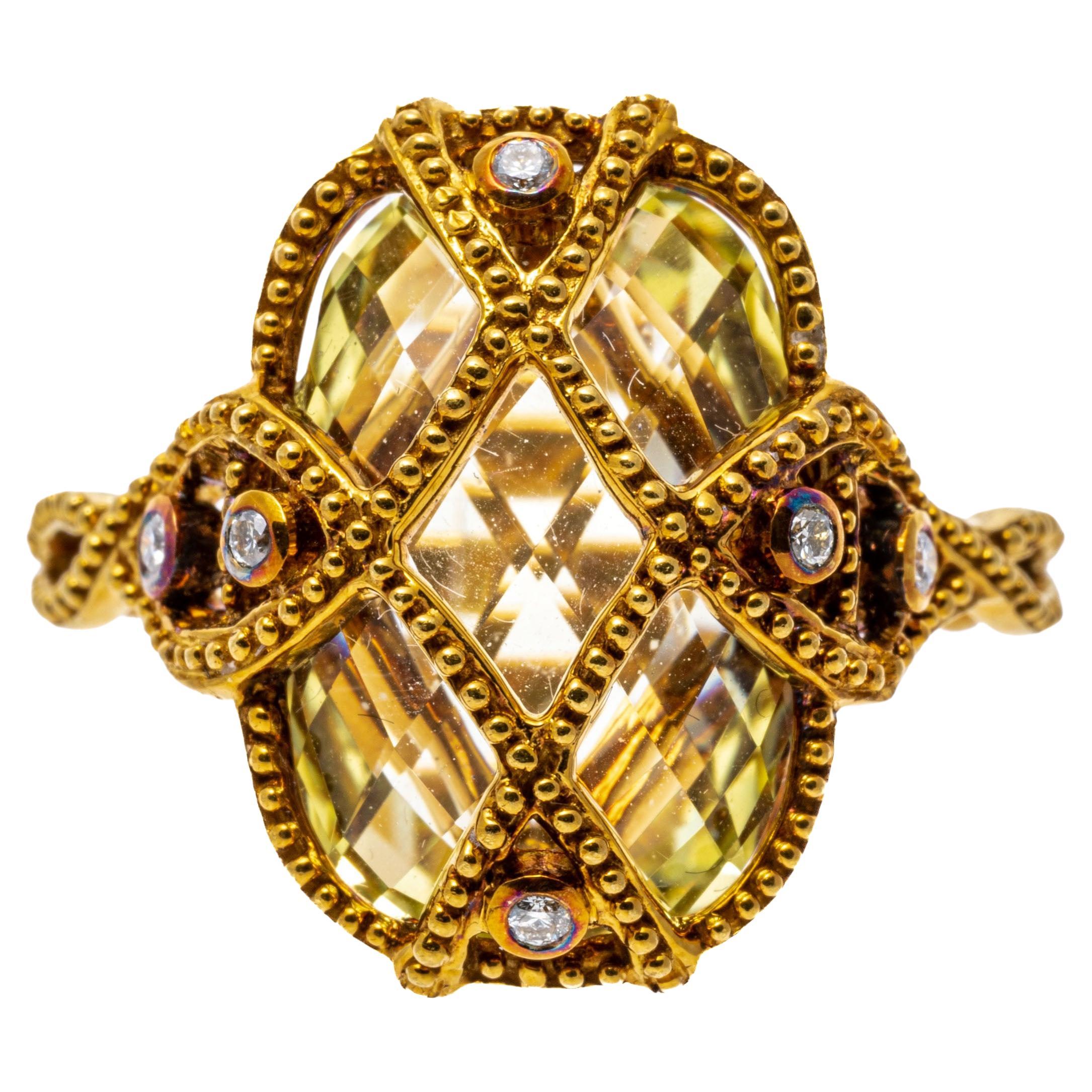 14k Gold Rectangular Checkerboard Dark Smoky Quartz and Diamond Ring ...