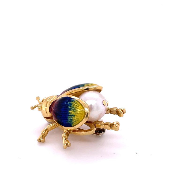 18K Yellow Gold Beetle Pin with Enamel and Pearl For Sale at 1stDibs