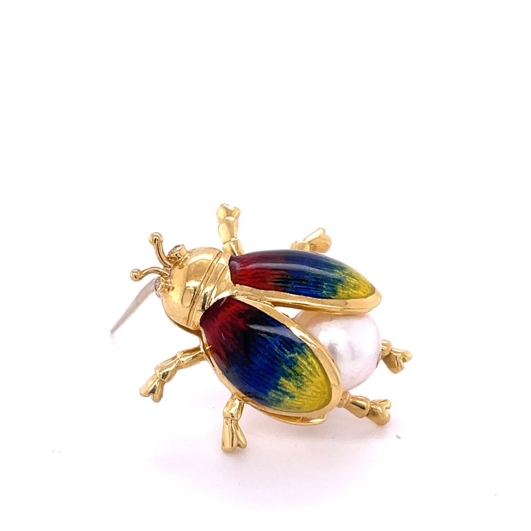 18K Yellow Gold Beetle Pin with Enamel and Pearl For Sale at 1stDibs