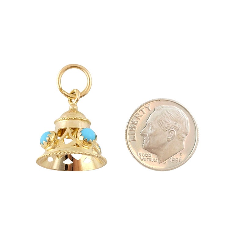 18k Yellow Gold Bell Charm with Blue Stones For Sale at 1stDibs