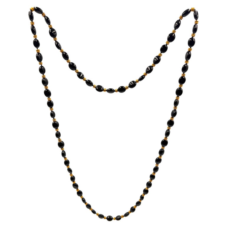 18k Yellow Gold Black Onyx Bead Necklace For Sale at 1stDibs