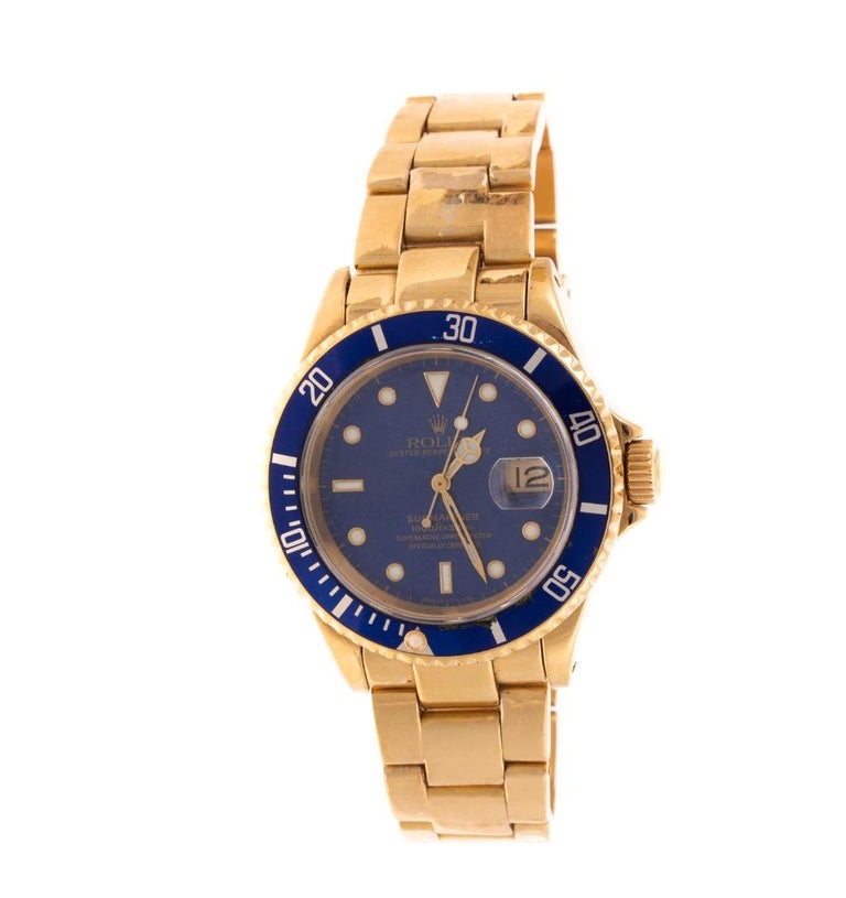 18K Yellow Gold Blue Face Rolex Submariner For Sale at 1stDibs
