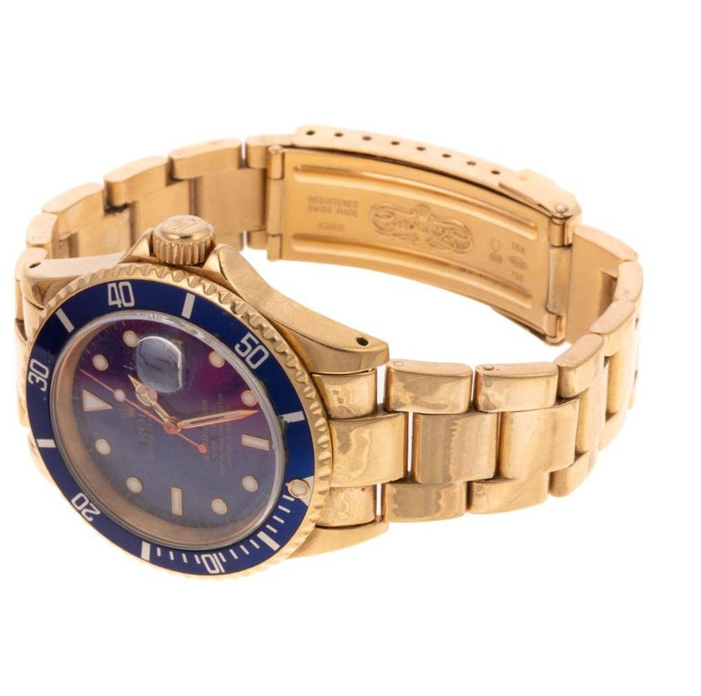 18K Yellow Gold Blue Face Rolex Submariner For Sale at 1stDibs