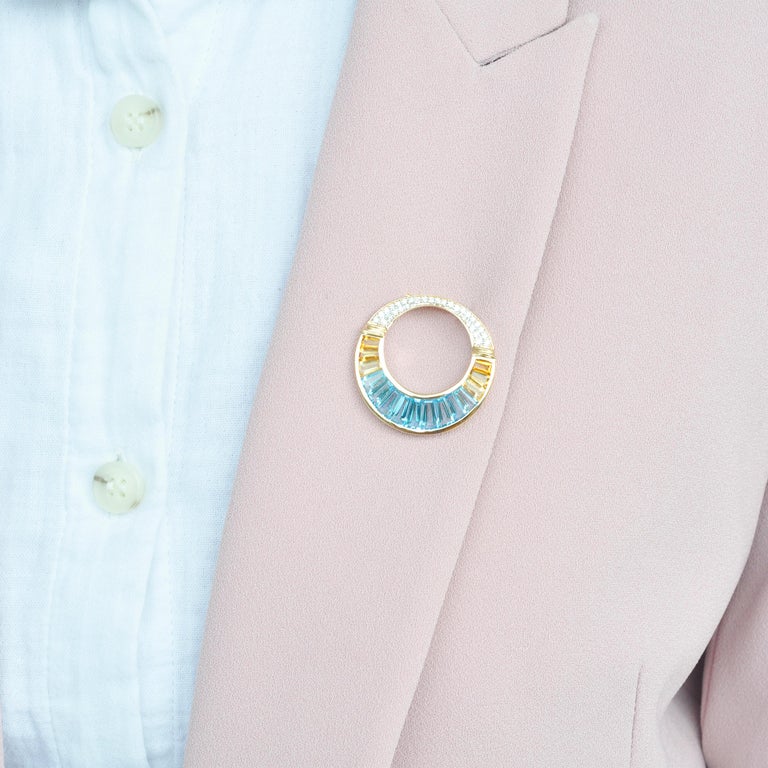 18K Gold Swiss Blue Topaz Citrine Baguette Diamond Pendant Brooch ...