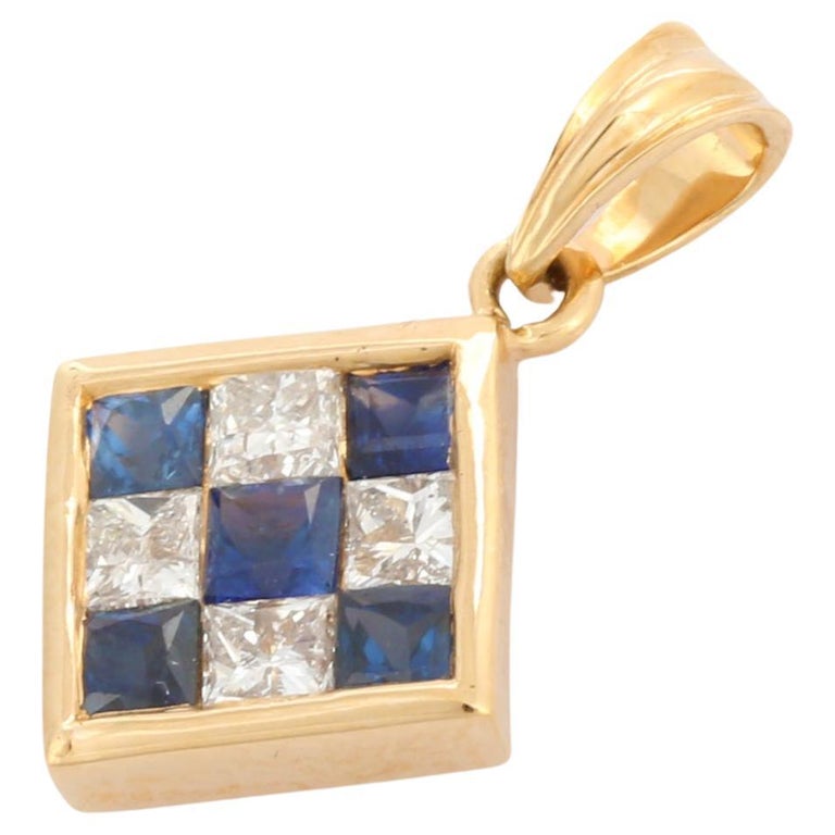 18K Yellow Gold Brilliant Blue Sapphire and Diamond Square Pendant For ...