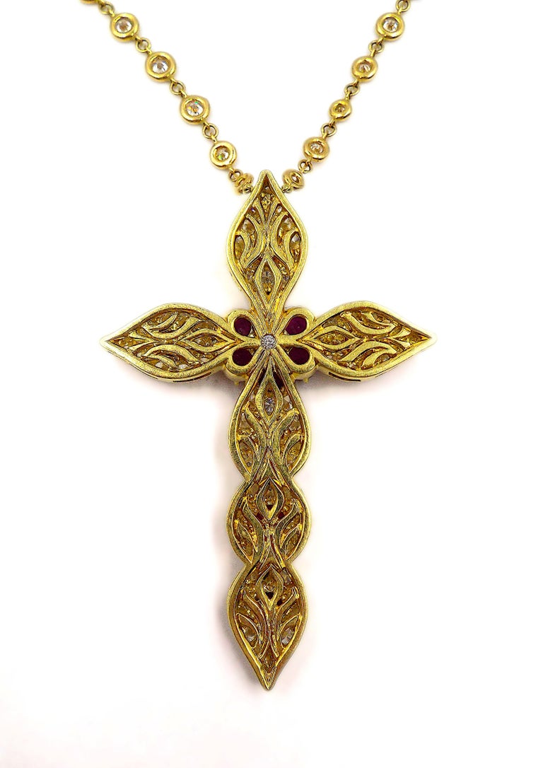 18K Yellow Gold Burma Ruby Diamond Chain Cross Pendant Necklace For ...