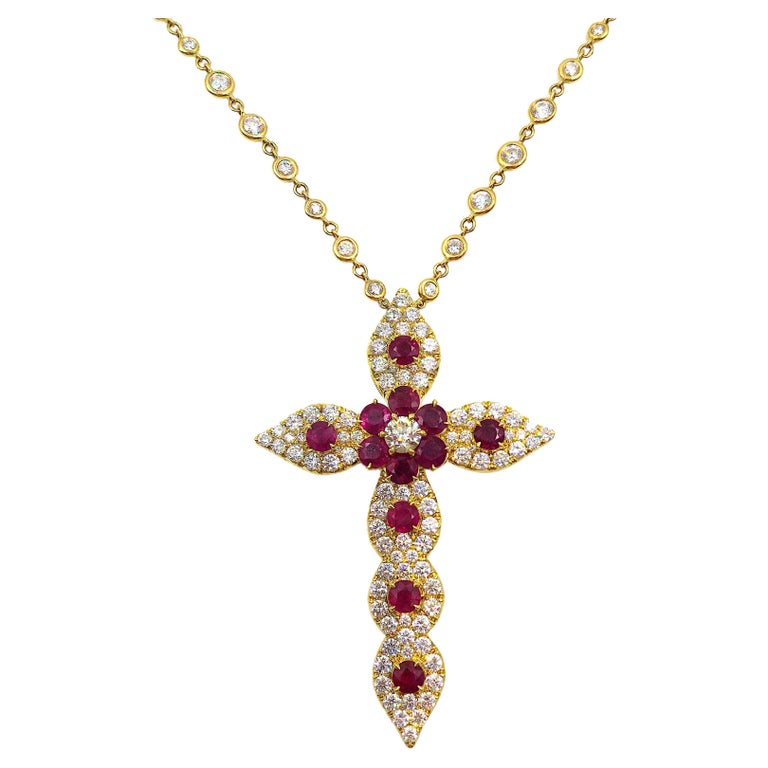 18K Yellow Gold Burma Ruby Diamond Chain Cross Pendant Necklace For ...