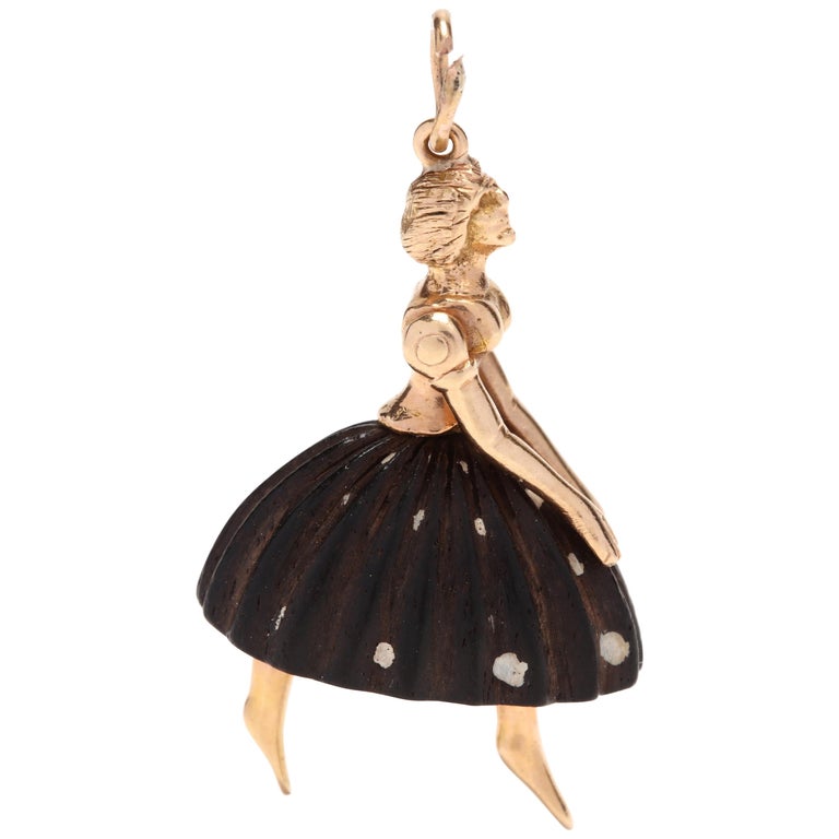 18 Karat Yellow Gold and Carved Wood Ballerina Charm, Pendant at 1stDibs
