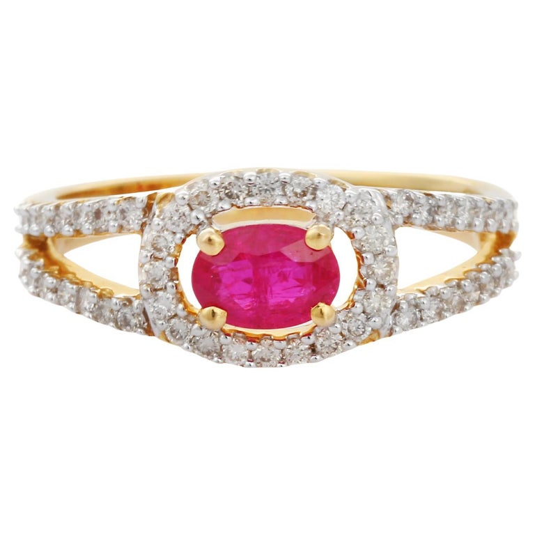 Customizable 18K Yellow Gold Center Oval Cut Ruby Wedding Ring with ...