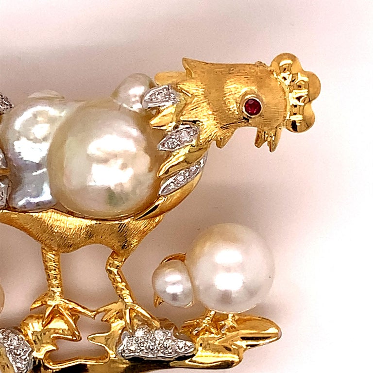 18k Yellow Gold Chicken and Chicks Pin with South Sea Pearls Diamonds ...