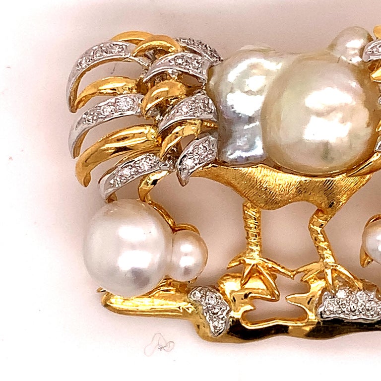 18k Yellow Gold Chicken and Chicks Pin with South Sea Pearls Diamonds ...