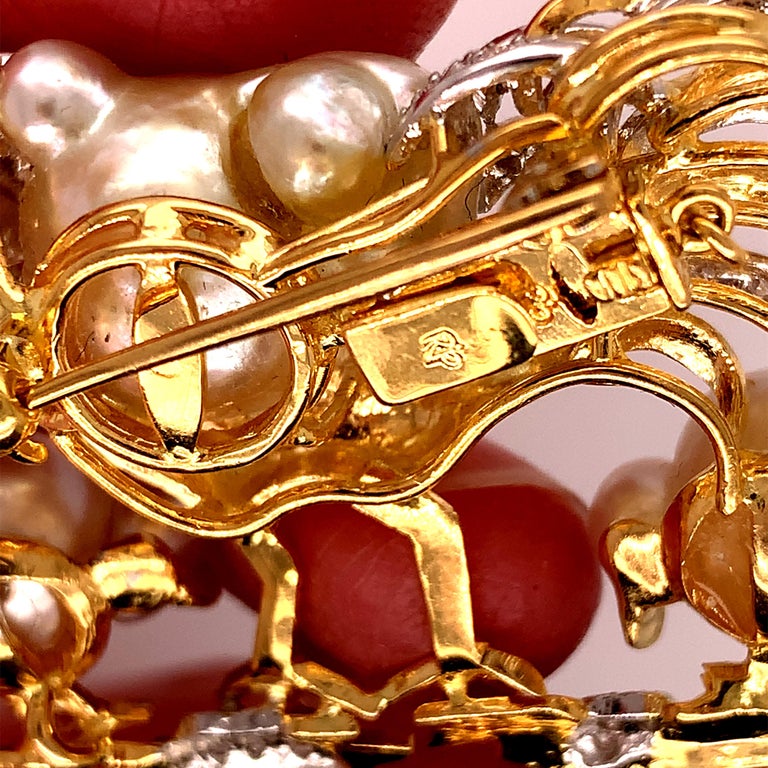 18k Yellow Gold Chicken and Chicks Pin with South Sea Pearls Diamonds ...