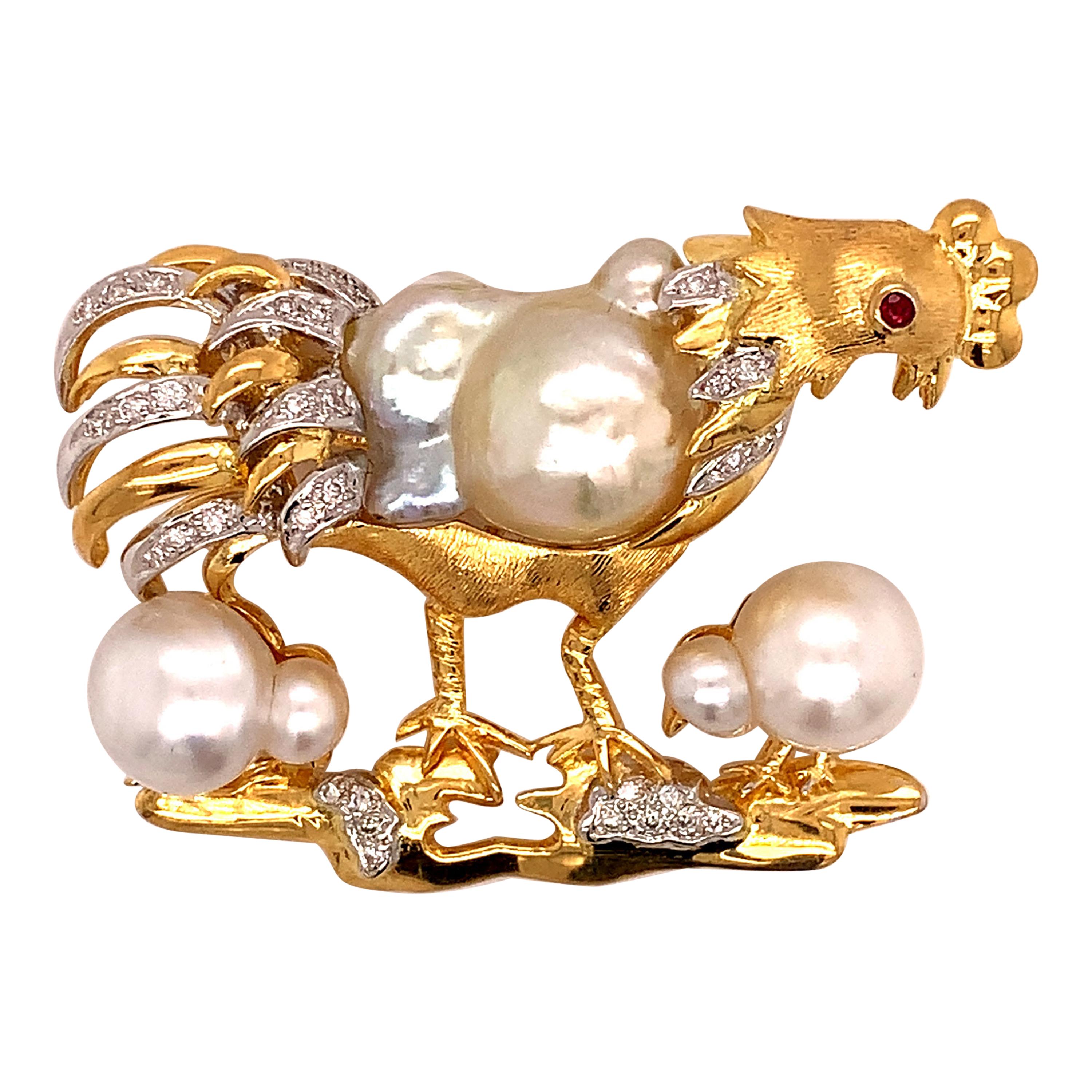 18k Yellow Gold Chicken and Chicks Pin with South Sea Pearls Diamonds ...