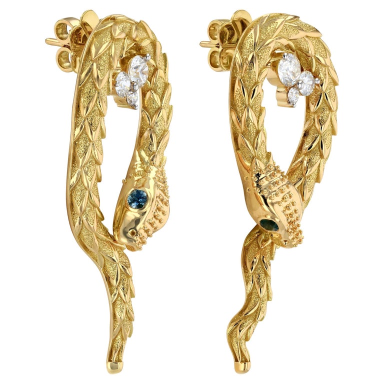 TOKTAM 18k Yellow Gold Big Ophidian Style Diamond Blue Sapphire Mamba ...