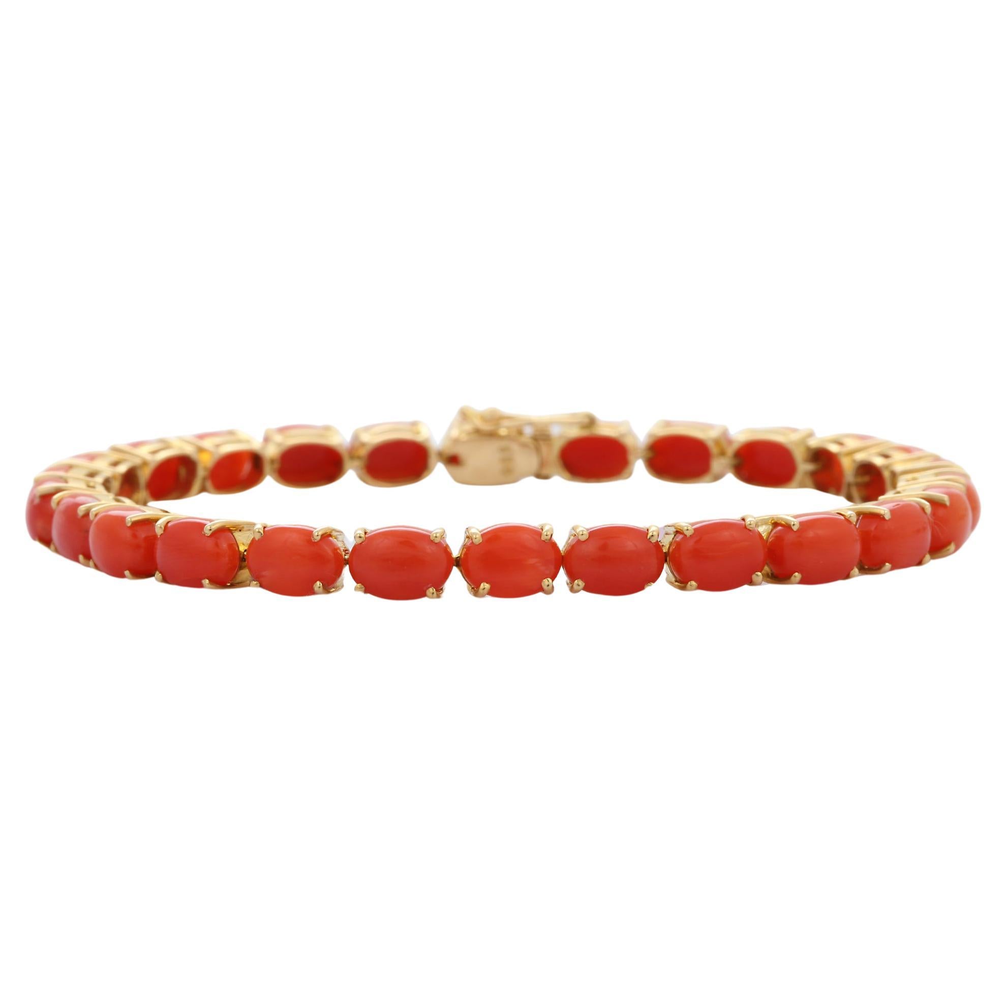 18kt Solid Yellow Gold Coral Gemstone Tennis Bracelet For Sale At