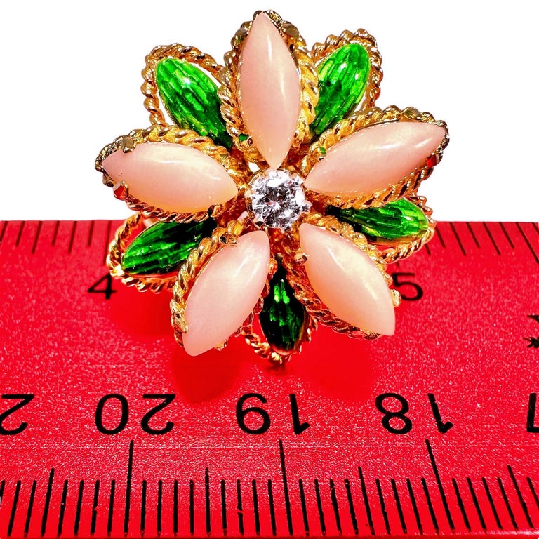 18k Yellow Gold, Coral, Enamel and Diamond Flower Motif Italian Fashion ...