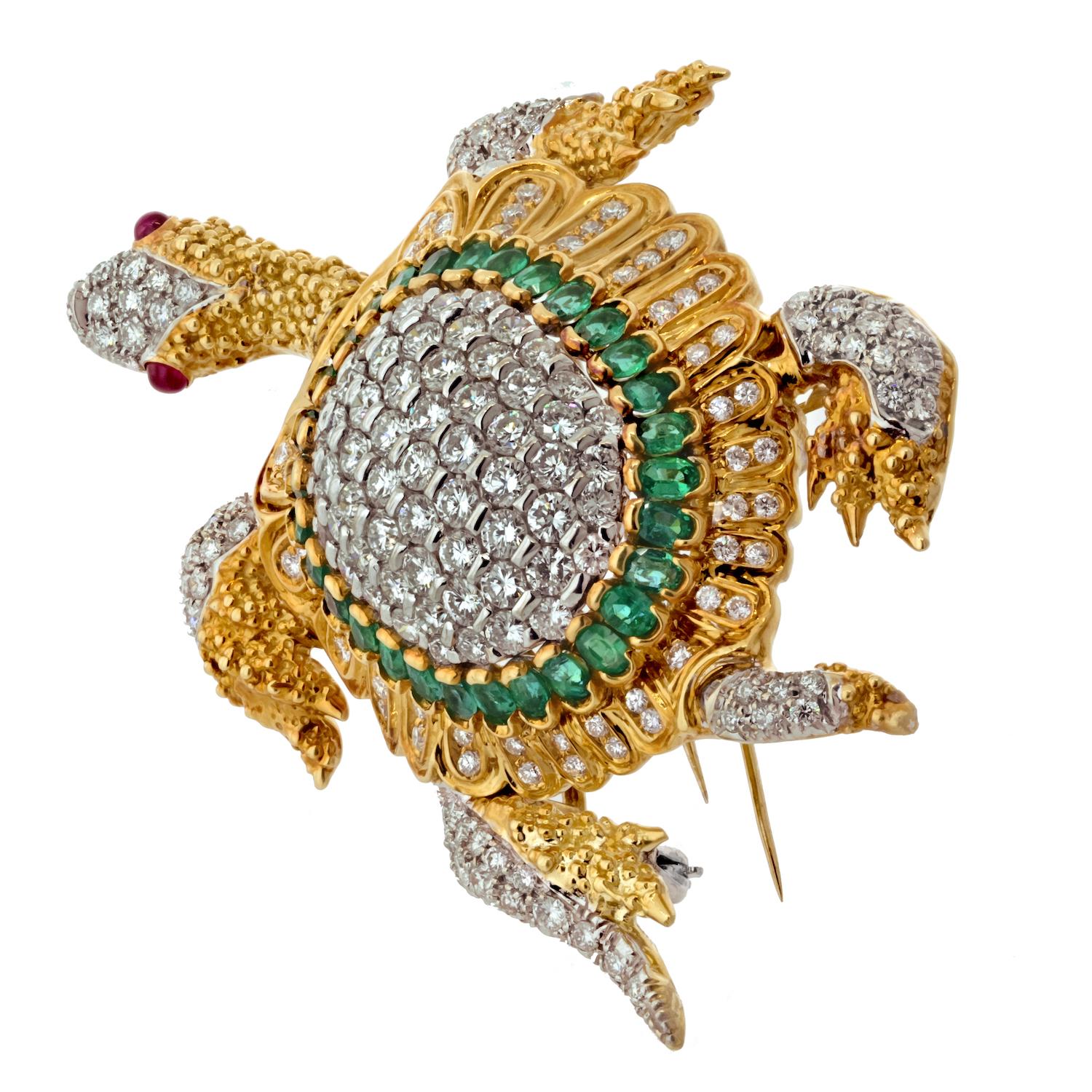 18K Yellow Gold Coral Turtle with Diamonds on the Shell Brooch For Sale ...