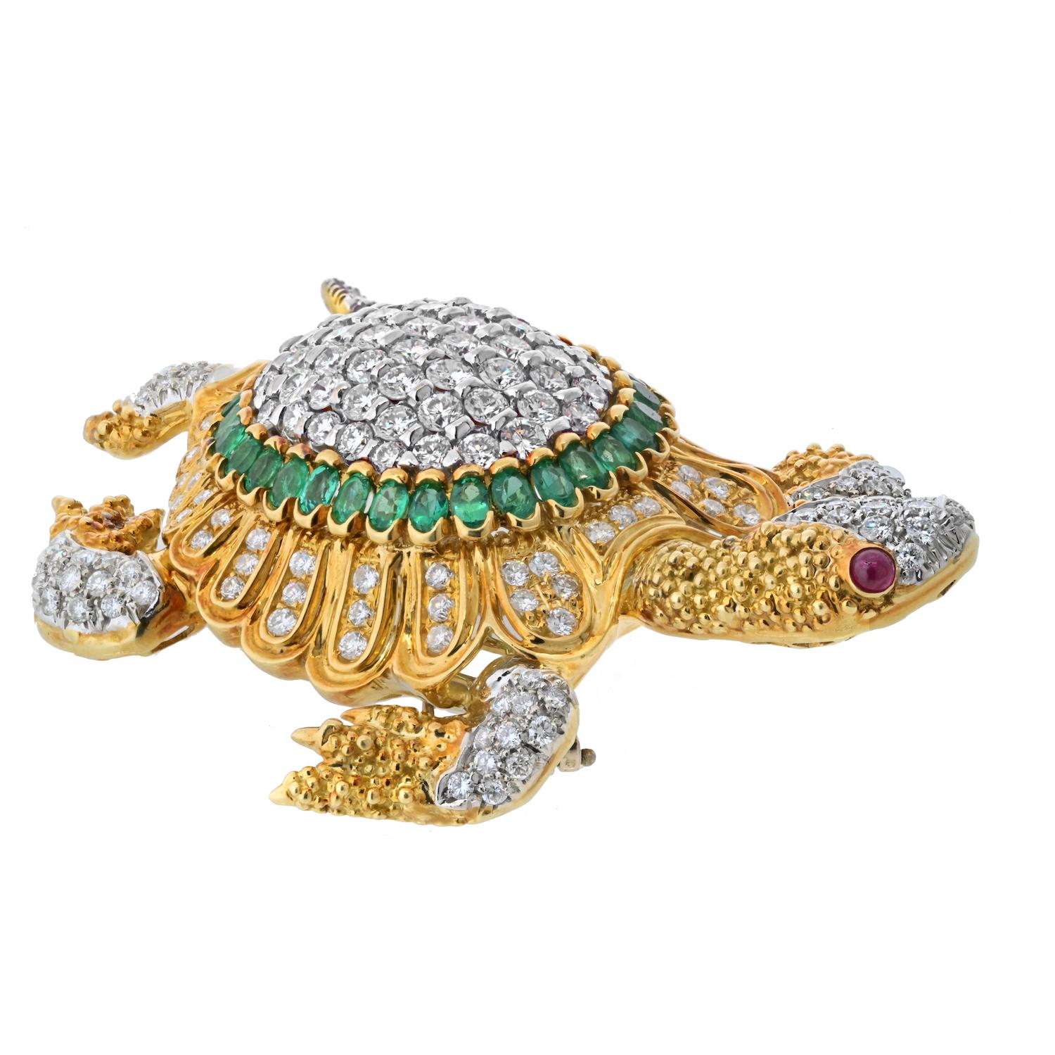 18K Yellow Gold Coral Turtle with Diamonds on the Shell Brooch For Sale ...