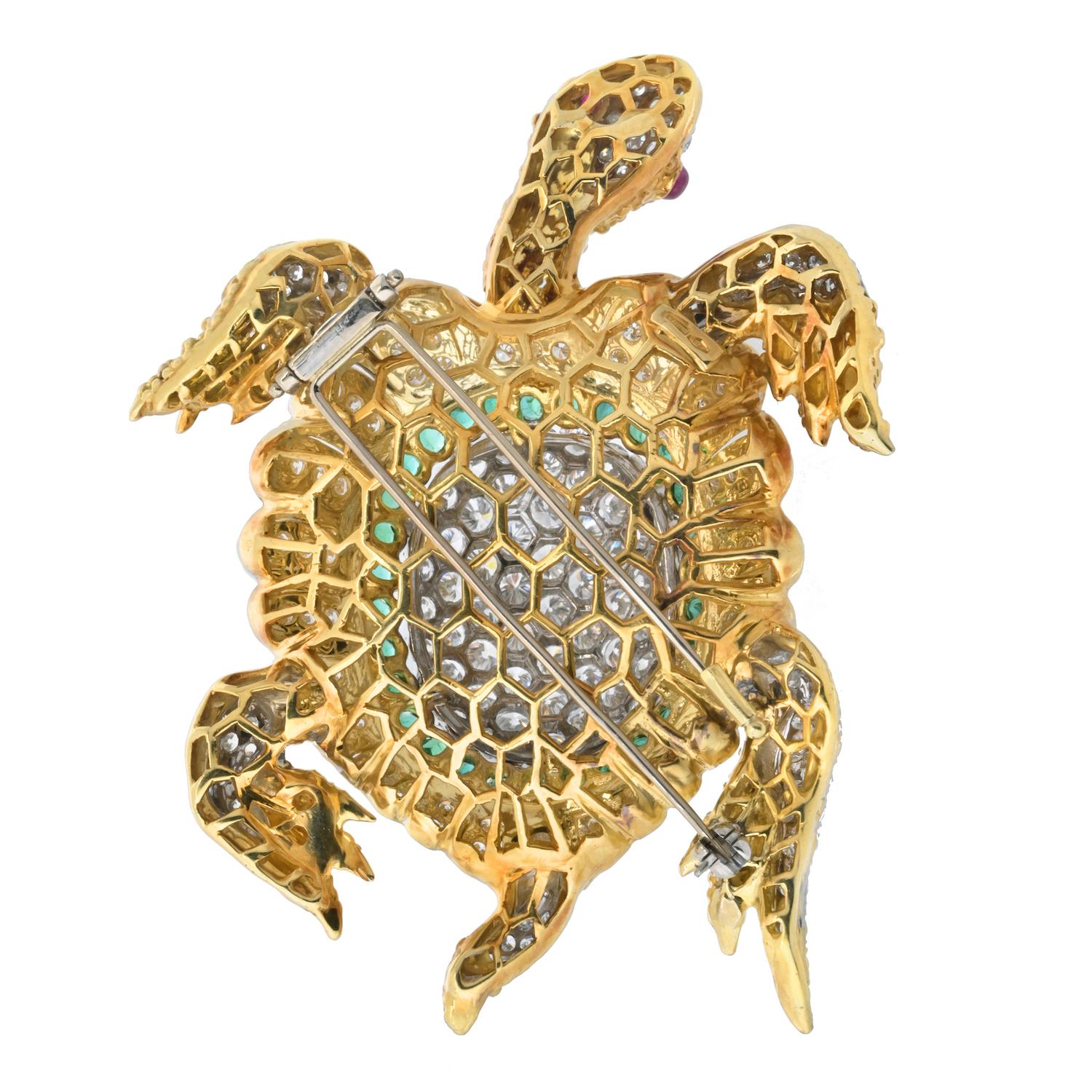 18K Yellow Gold Coral Turtle with Diamonds on the Shell Brooch For Sale ...