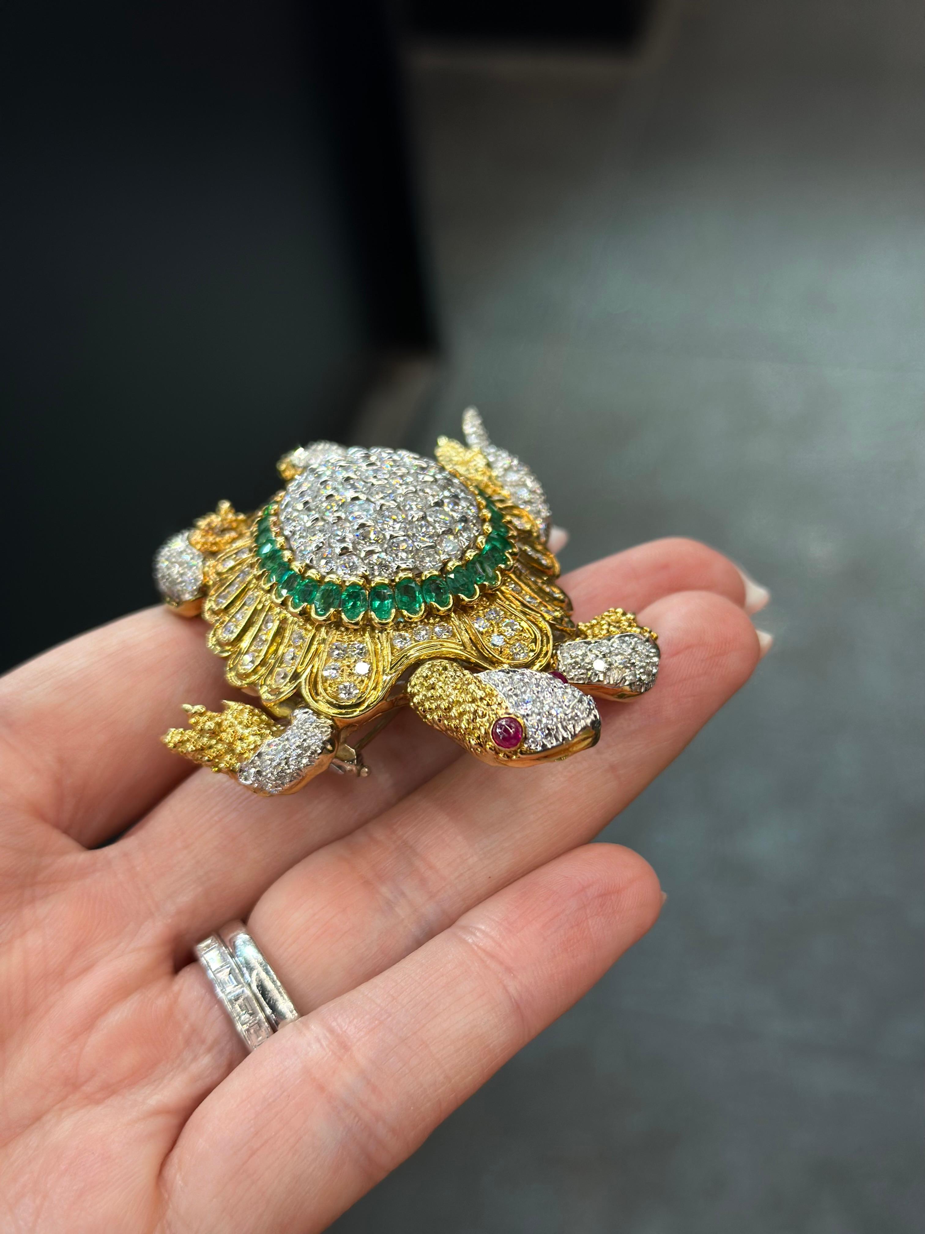 18K Yellow Gold Coral Turtle with Diamonds on the Shell Brooch For Sale ...