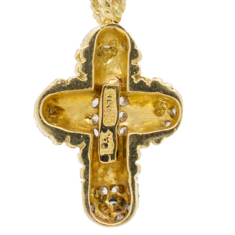 18K Yellow Gold Cross Diamond Necklace For Sale at 1stDibs