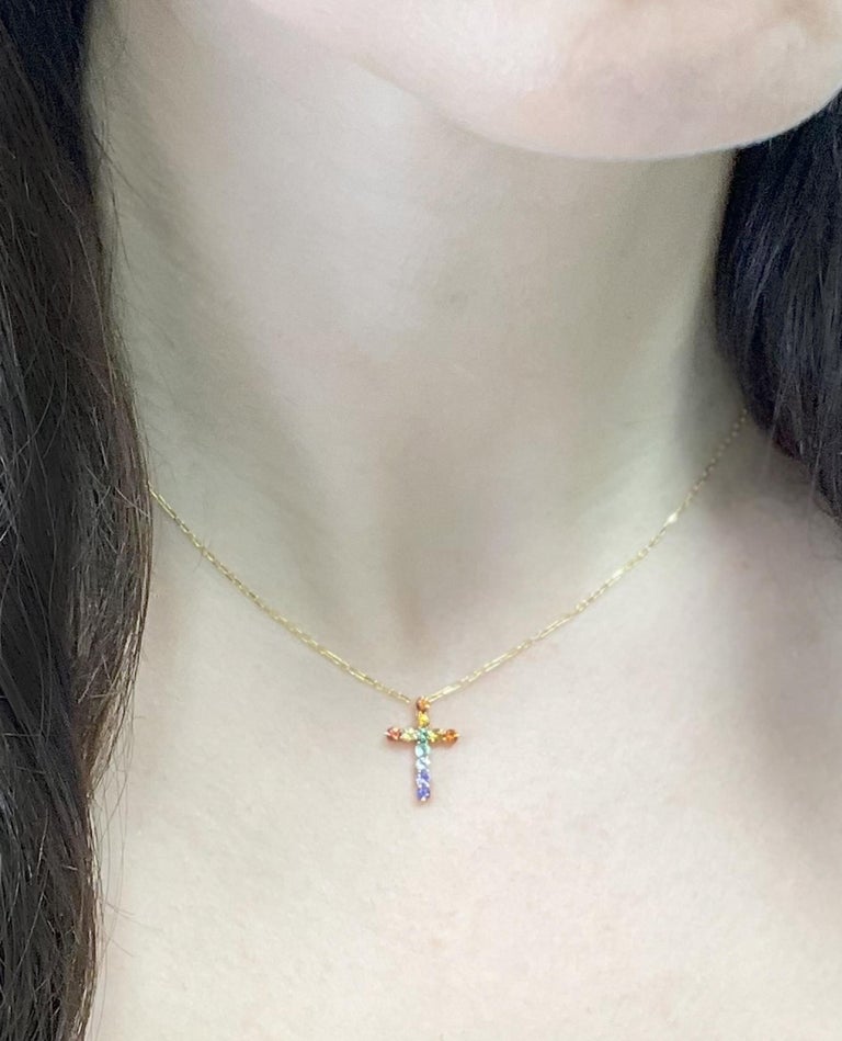 18K Yellow Gold Cross Necklace with Rainbow Colored Sapphires For Sale ...