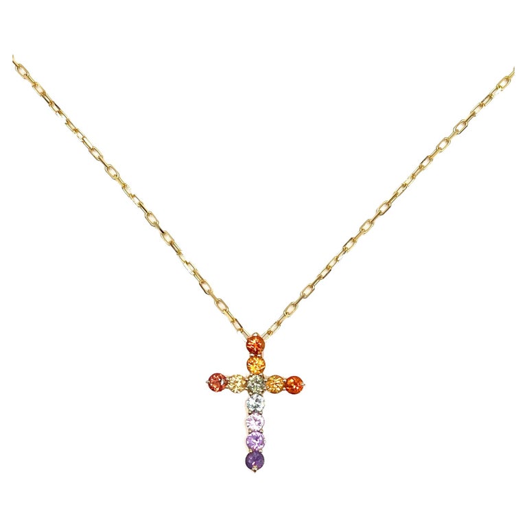 18K Yellow Gold Cross Necklace with Rainbow Colored Sapphires For Sale ...