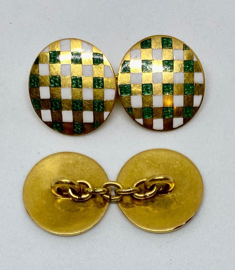18 Karat Yellow Gold Cufflinks with Checkered Green and White Enamel ...