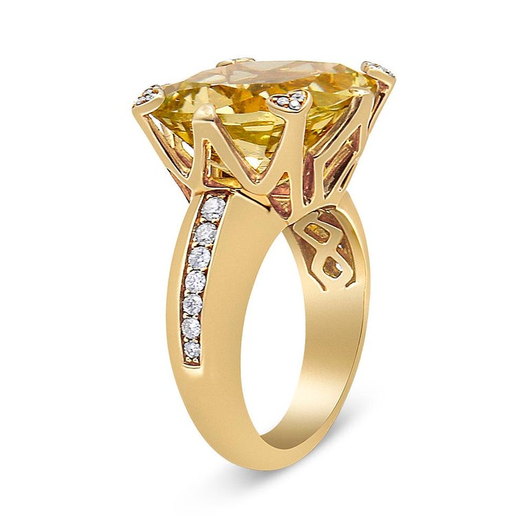 18K Yellow Gold Cushion Cut Lemon Quartz and 1/4 Ct Diamond Accented ...