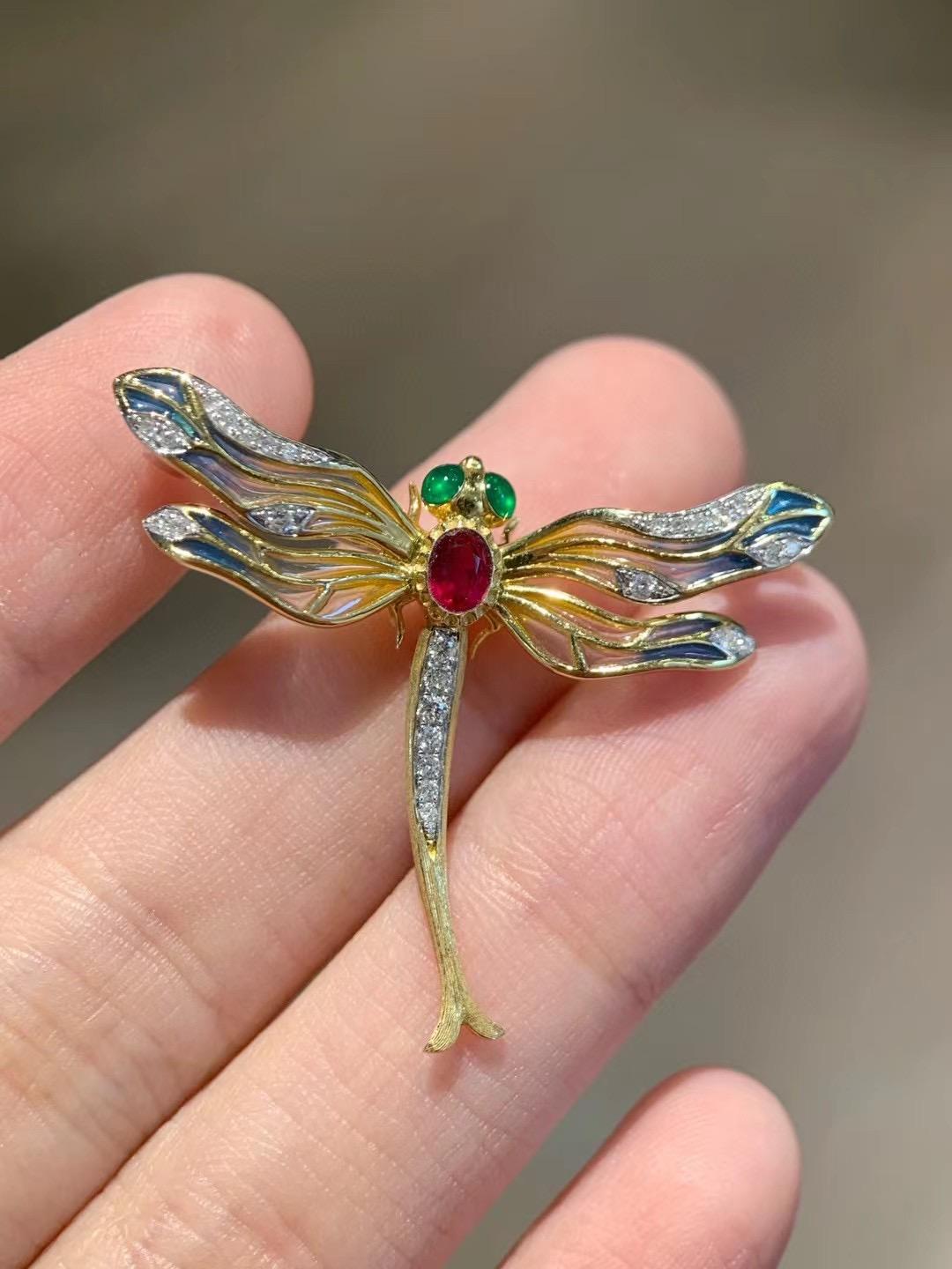 18K Yellow Gold Cushion-Cut Ruby and Diamond Dragonfly Enameled Brooch ...