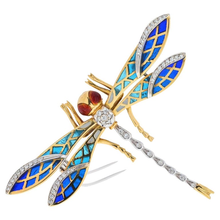 18K Yellow Gold Delicate Dragonfly Enamel and Diamond Brooch at 1stDibs